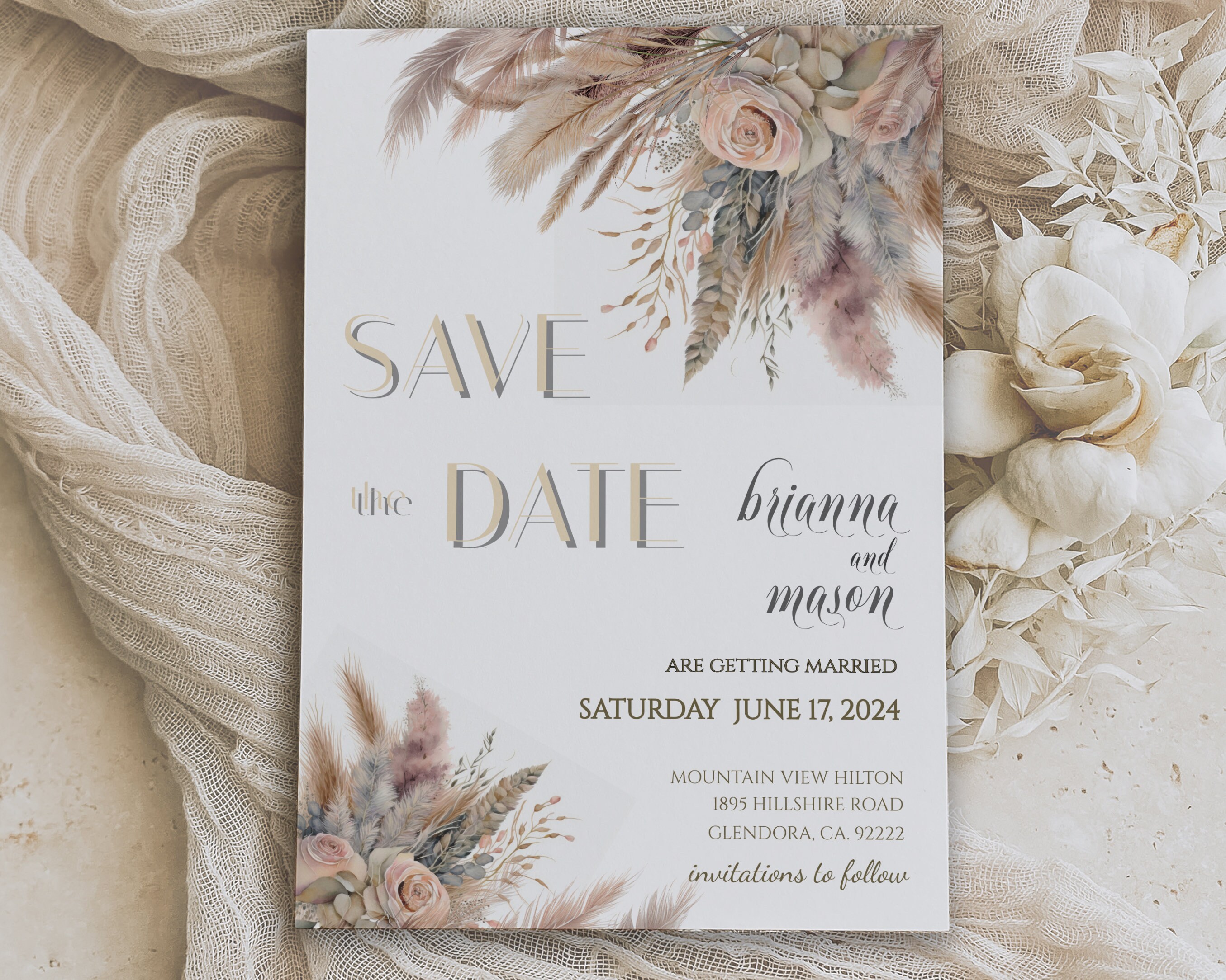 Editable BOHO Wedding SAVE the DATE, Pampas Grass, Earth Tone Floral ...