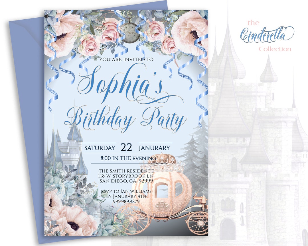 Editable BIRTHDAY PARTY Invitation, Cinderella Theme, Dusty Rose ...
