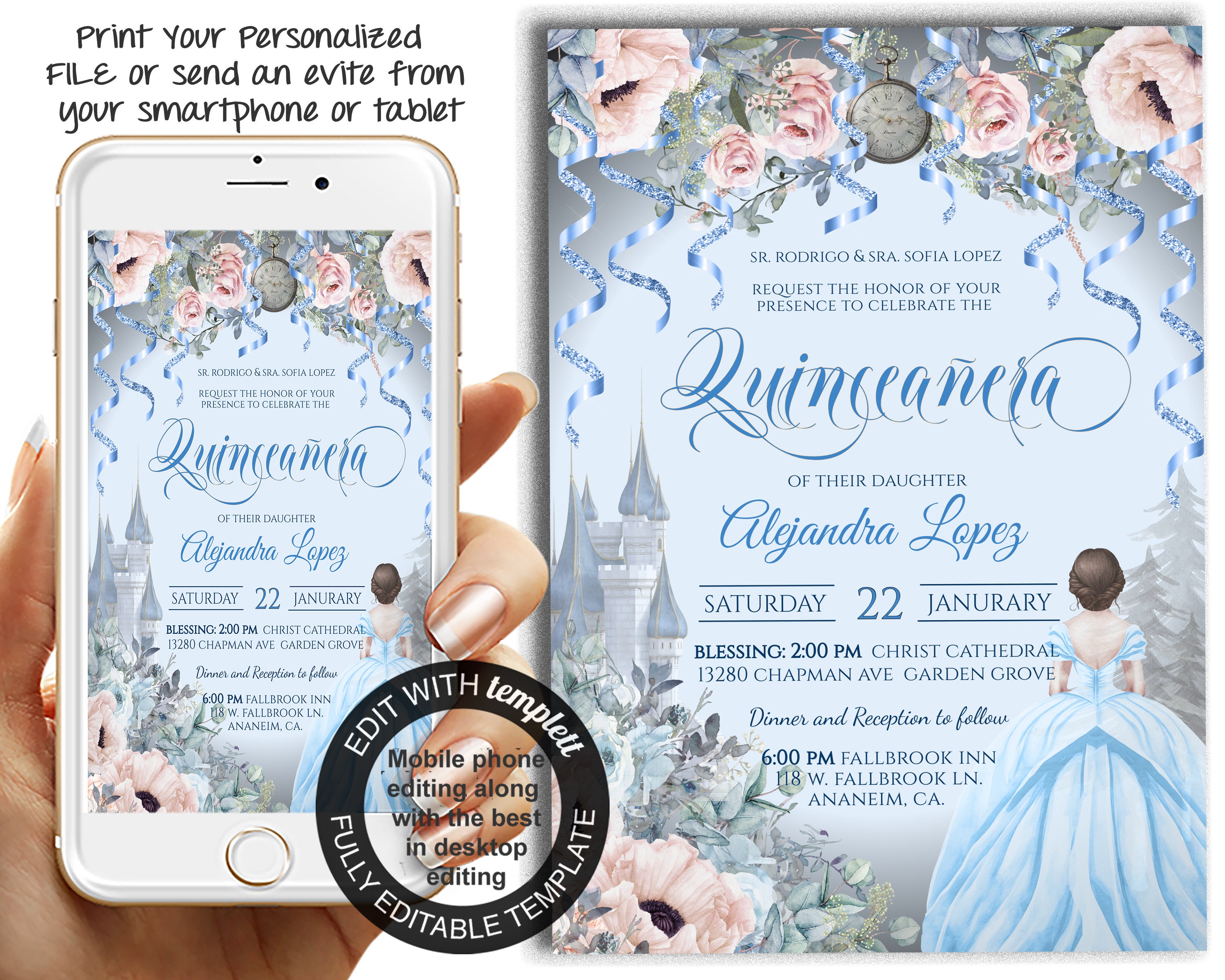 Editable QUINCEANERA BIRTHDAY PARTY Invitation, Cinderella Theme ...