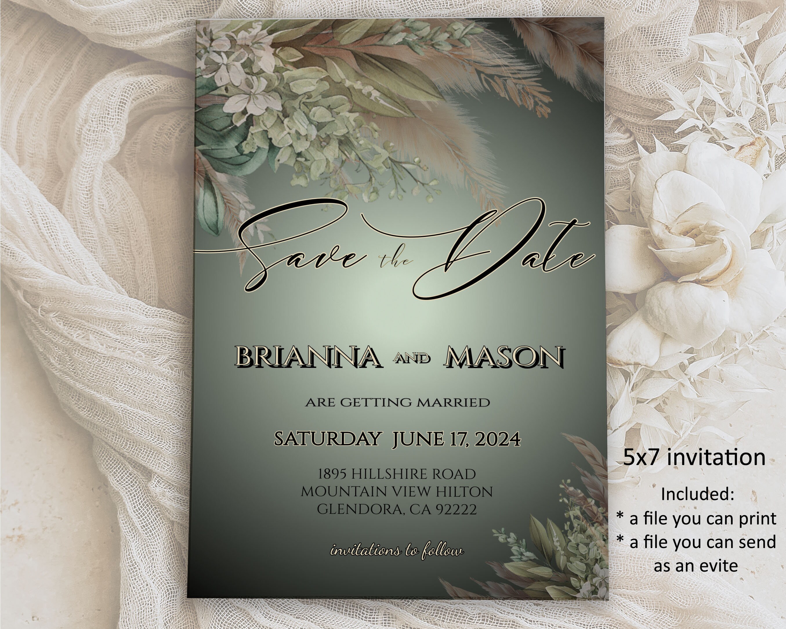 Editable BOHO Wedding SAVE the DATE, Pampas Grass, Earth Tone Floral ...