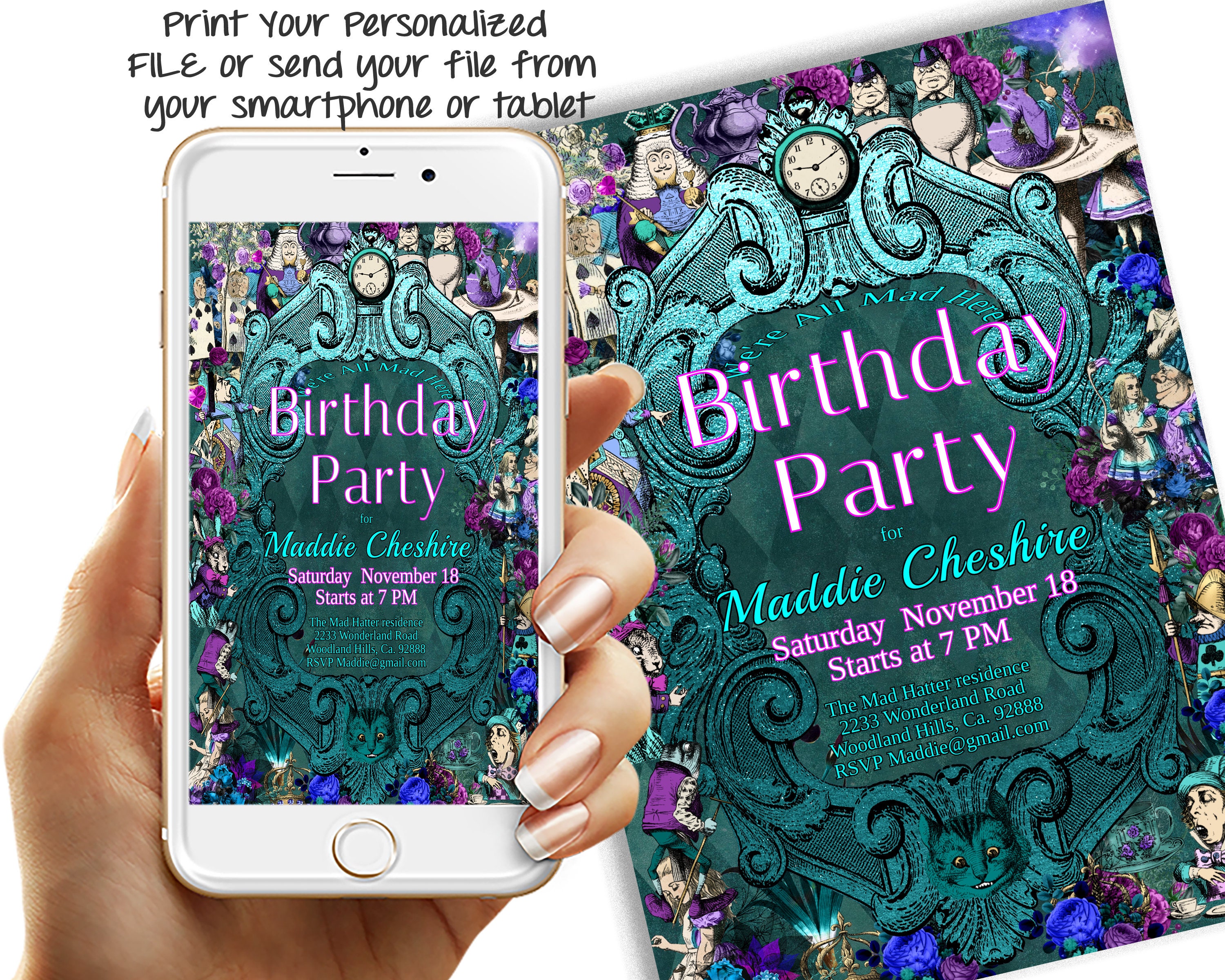 Editable BIRTHDAY PARTY Invitation, Dark Alice in Wonderland Theme, Tea ...