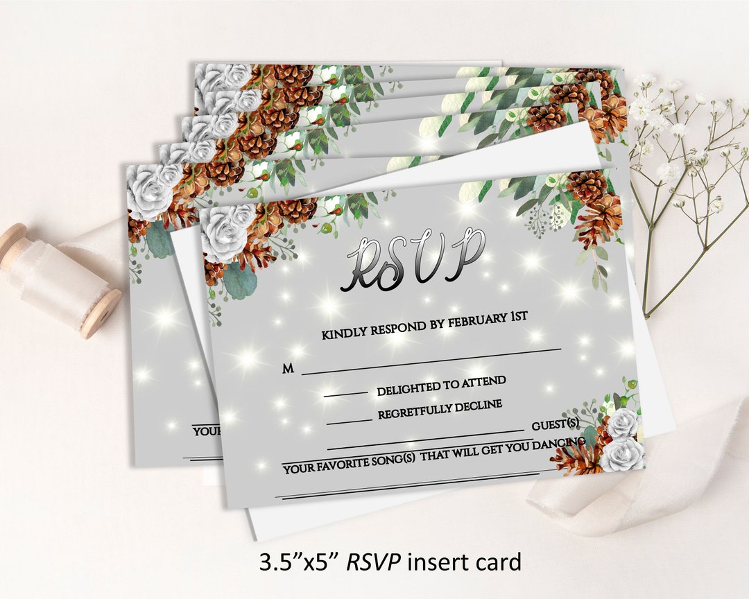 Editable RSVP Insert Card, White Floral Pine Cones Wedding Reply Card 5 ...
