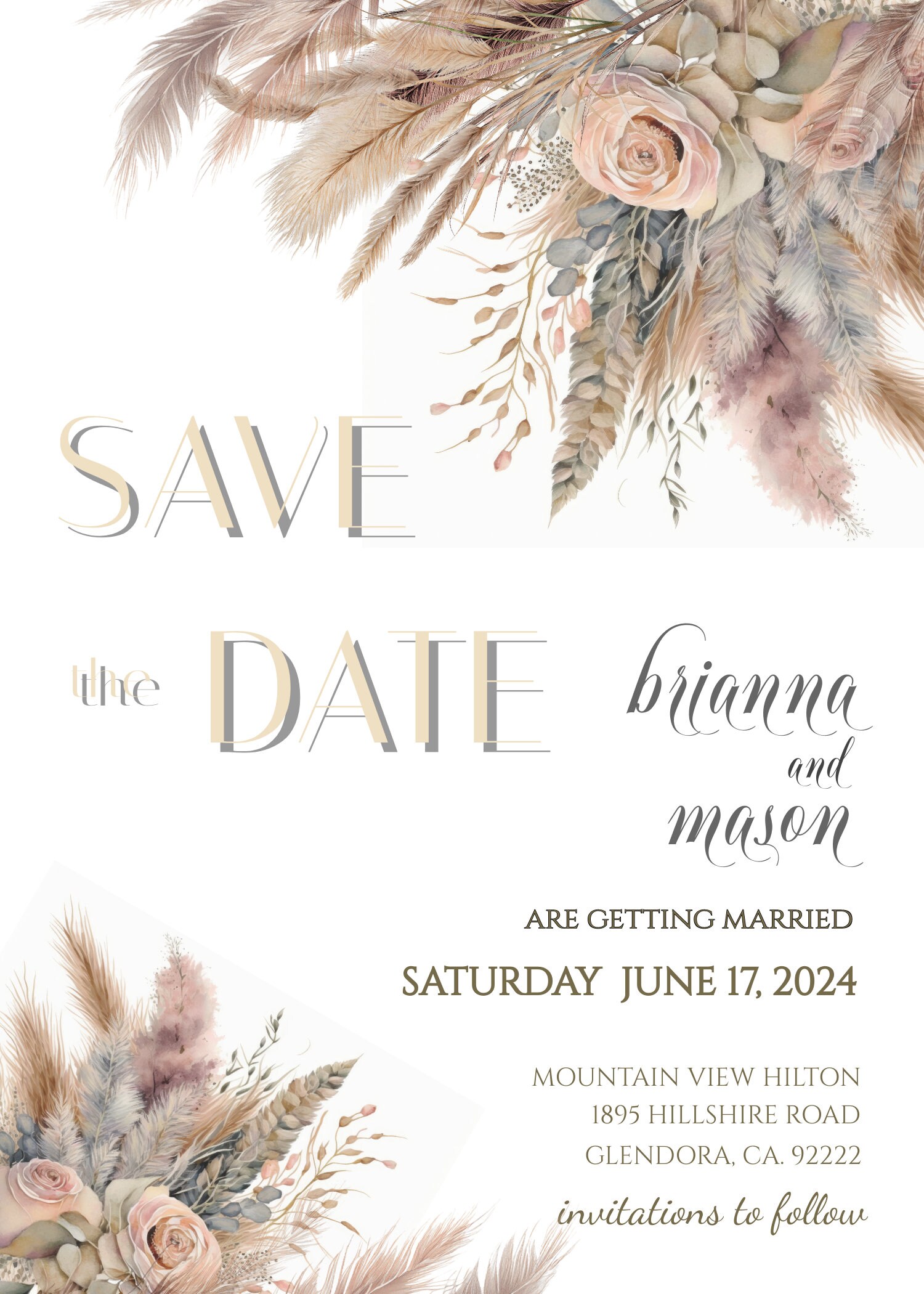 Editable BOHO Wedding SAVE the DATE, Pampas Grass, Earth Tone Floral ...