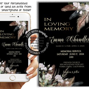 Editable "in LOVING Memory" Card, Boho Feather Floral, Celebrating the ...
