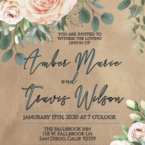 Editable WEDDING INVITATION, Rustic Blush Peach Florals, Eucalyptus ...