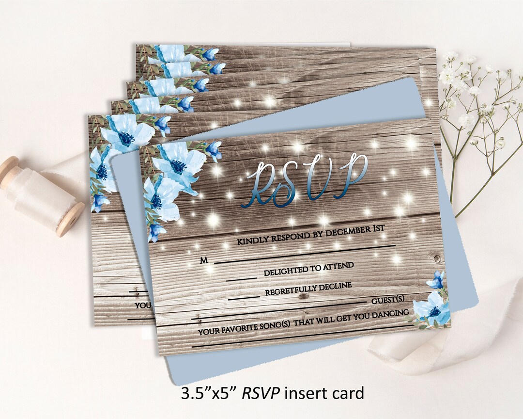 Editable RSVP Insert Card, Blue Floral Wedding Reply Card 5"x3.5 ...