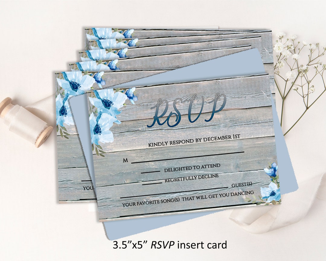 Editable RSVP Insert Card, Rustic Blue Floral Wedding Reply Card 5"x3.5 ...