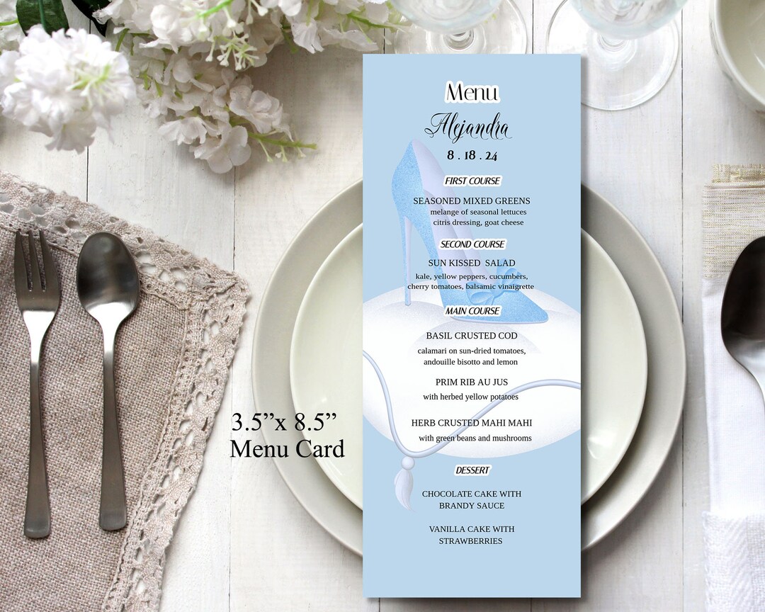 Editable QUINCEANERA SWEET 16 Dinner Menu, Cinderella Themed Matching ...