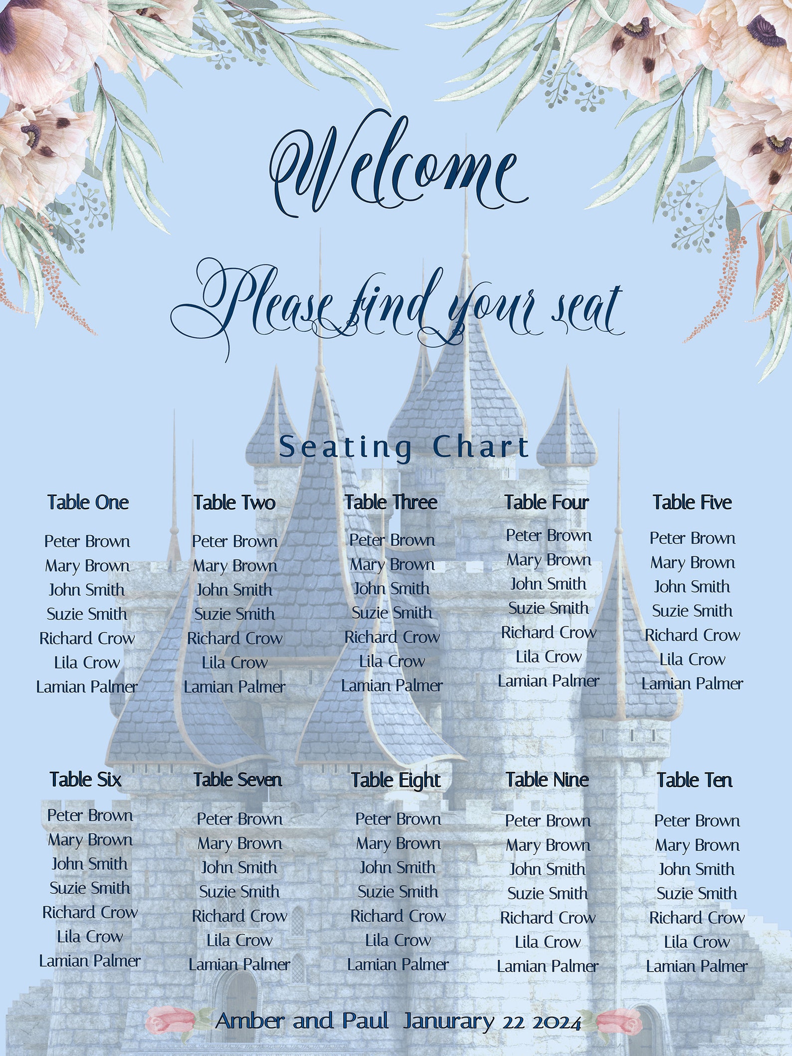 Editable WEDDING SEATING CHART, Cinderella Castle Theme,18"x24 ...
