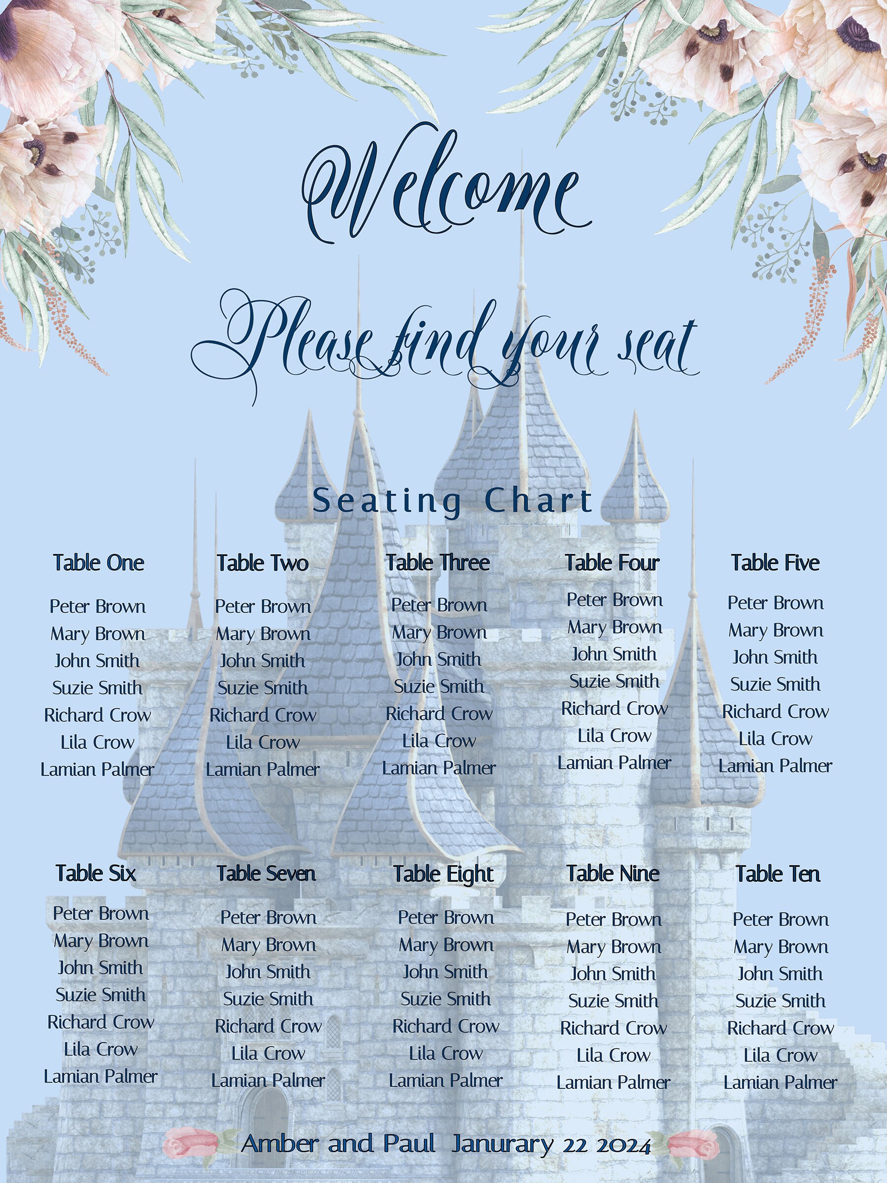 Editable WEDDING SEATING CHART, Cinderella Castle Theme,18"x24 ...