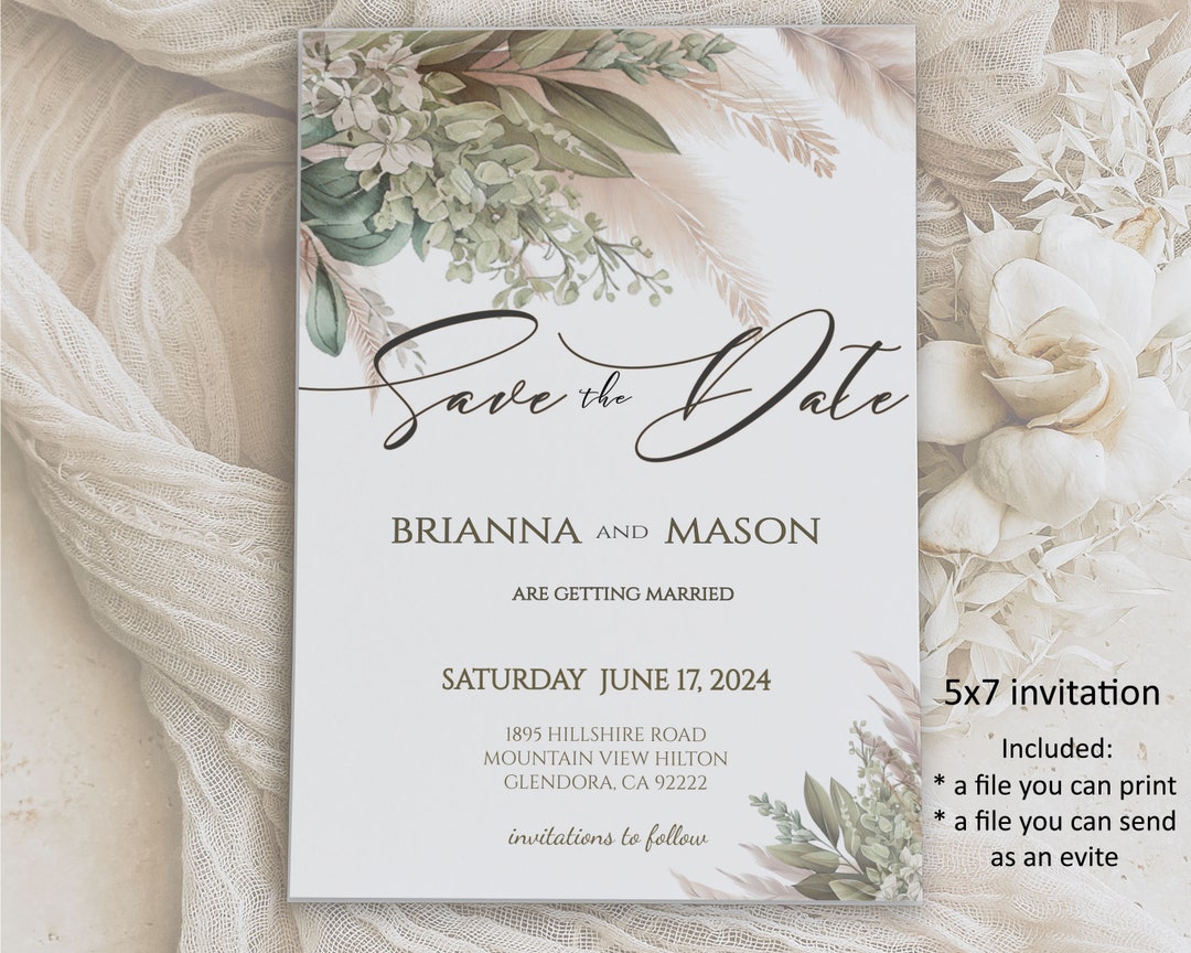 Editable BOHO Wedding SAVE the DATE, Pampas Grass, Earth Tone Floral ...