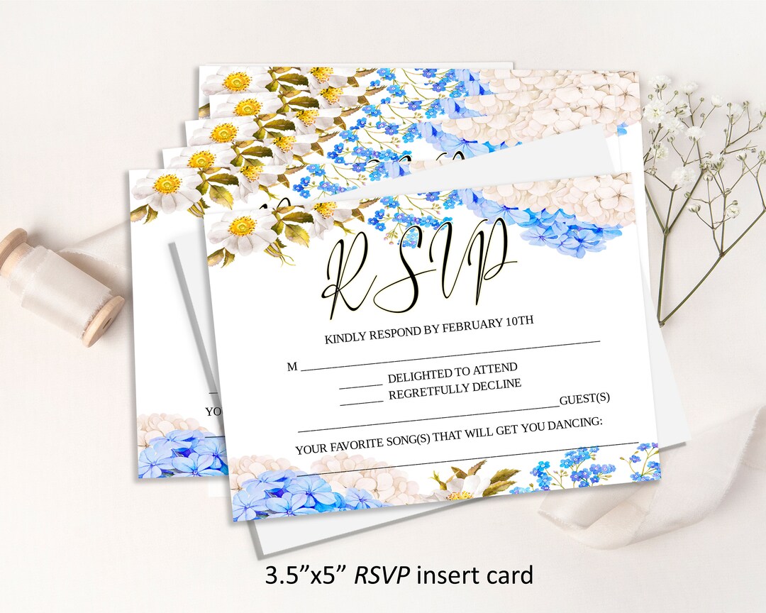 Editable WEDDING RSVP Insert Card, Mixed Blue & White Yellow Reply Card ...