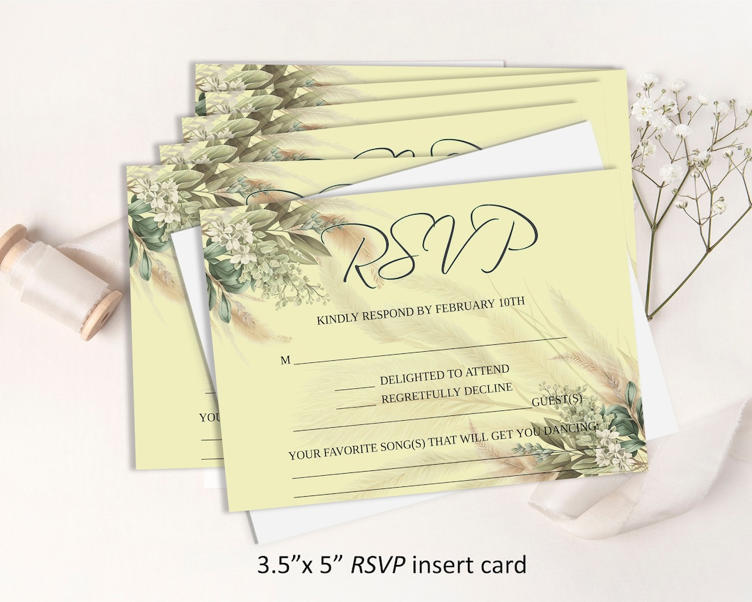 Editable Boho WEDDING RSVP Reply Card, Matching Insert Card, Pampas ...