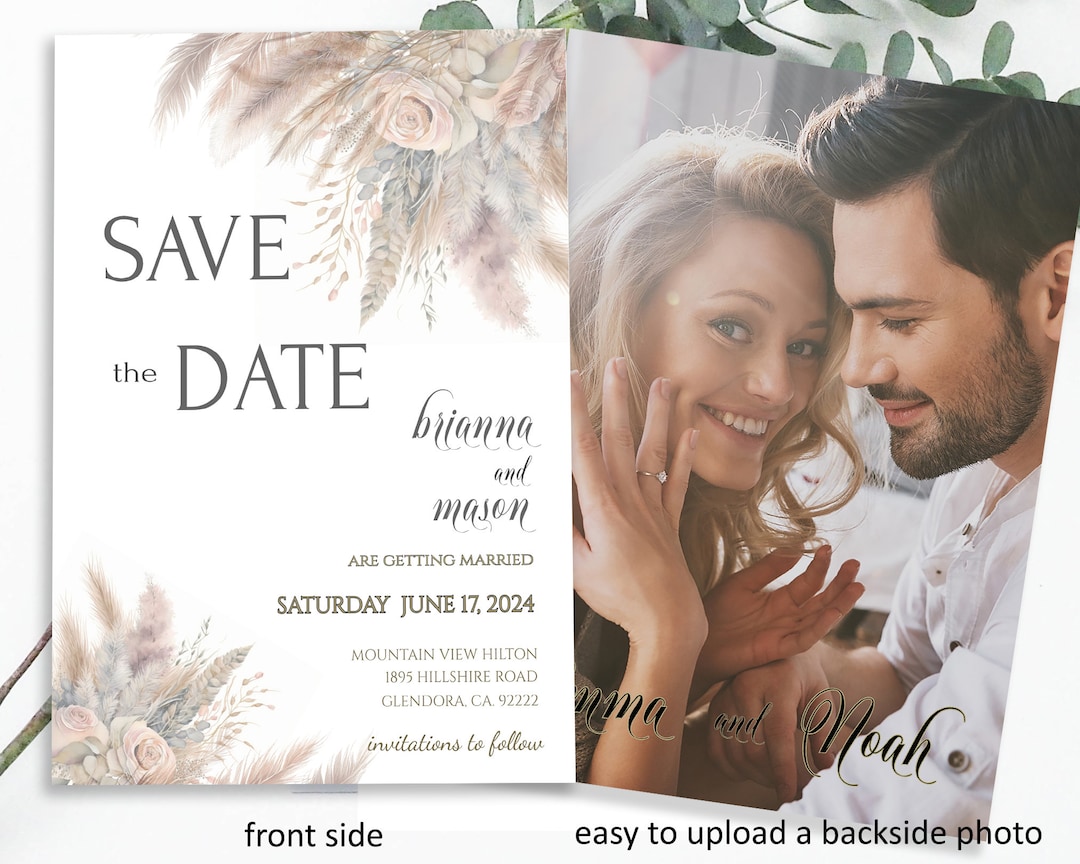 Editable BOHO Wedding SAVE the DATE, Pampas Grass, Earth Tone Floral ...