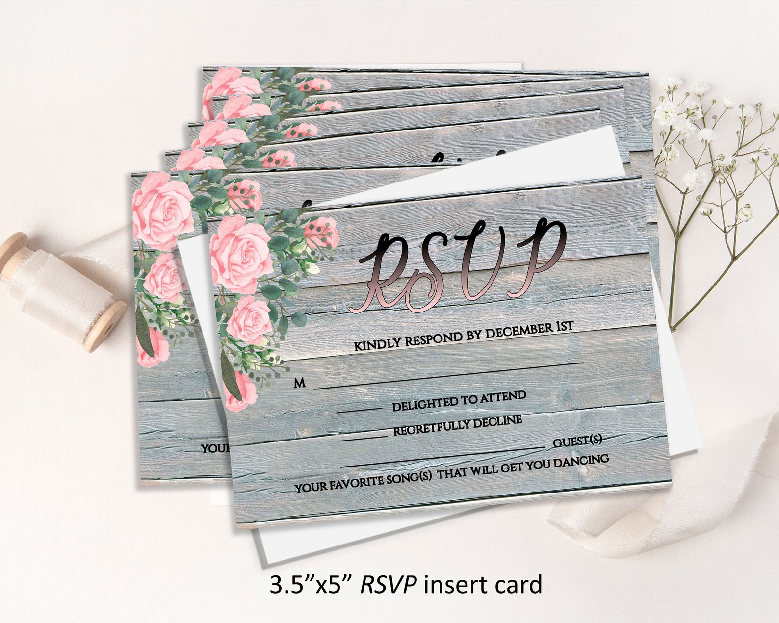 Editable RSVP Insert Card, Pink Rose Floral Wedding Reply Card 5"x3.5 ...