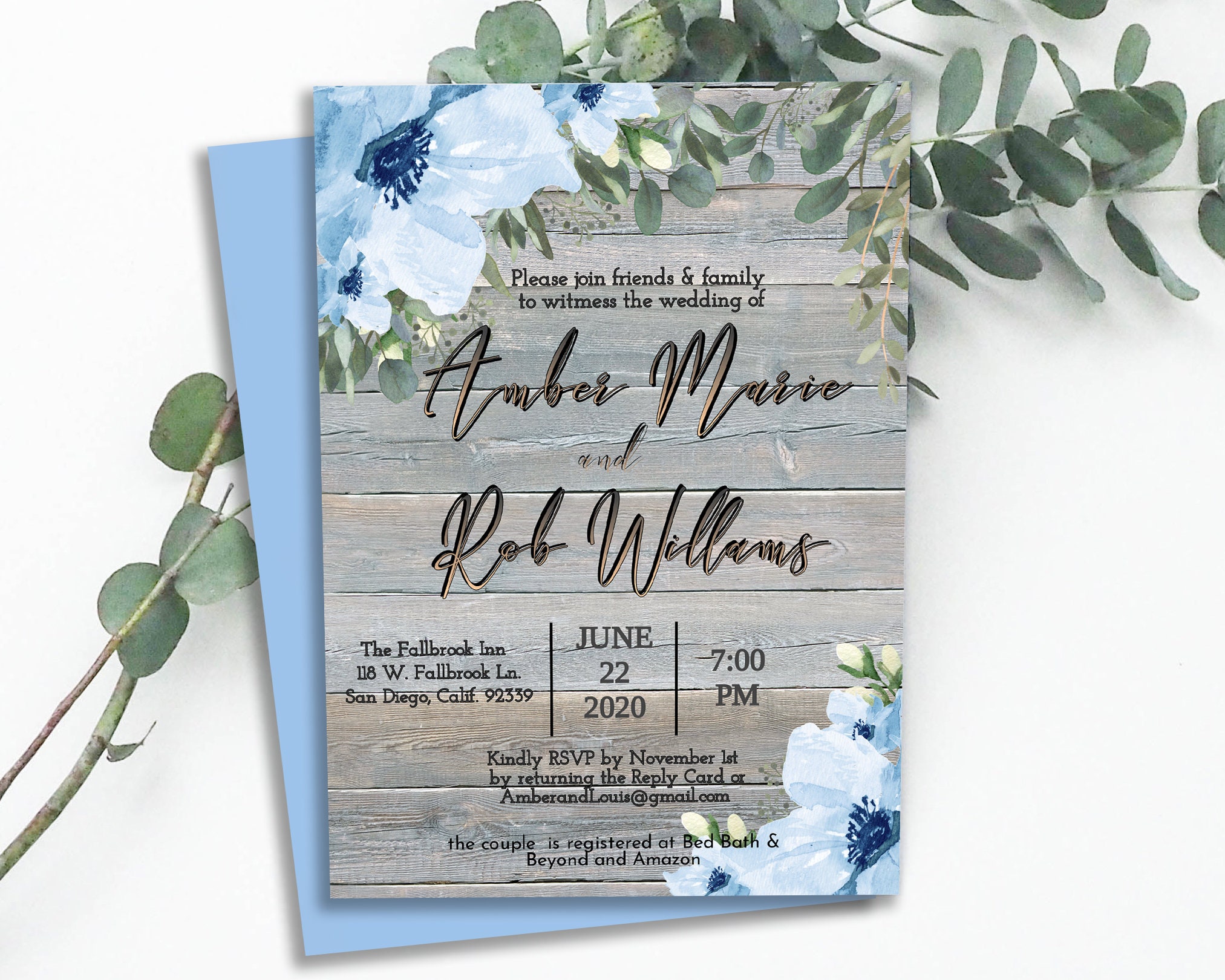 Editable WEDDING INVITATION, Light Blue Floral Wedding Template, Diy ...