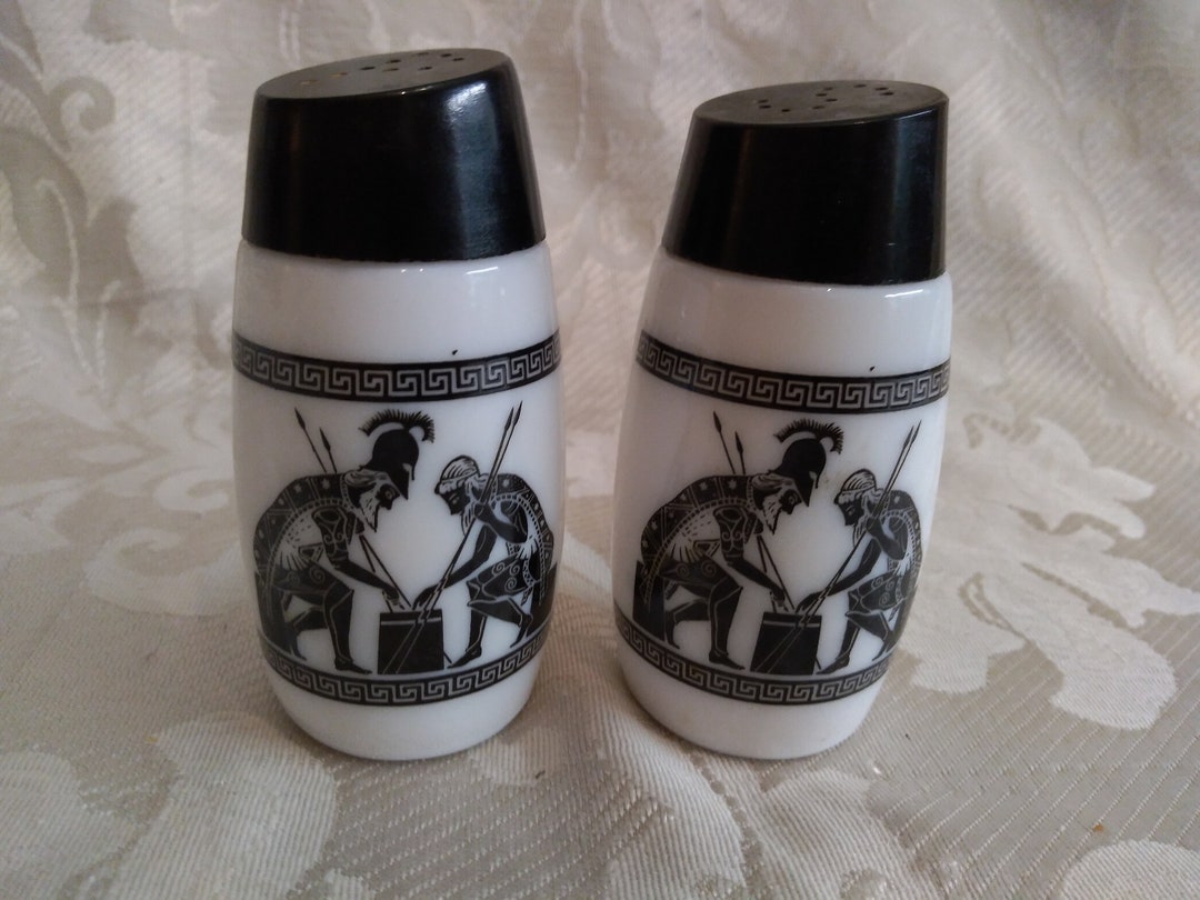 Vintage Greek Style, Grecian Look Salt and Pepper Shakers on White Milk ...