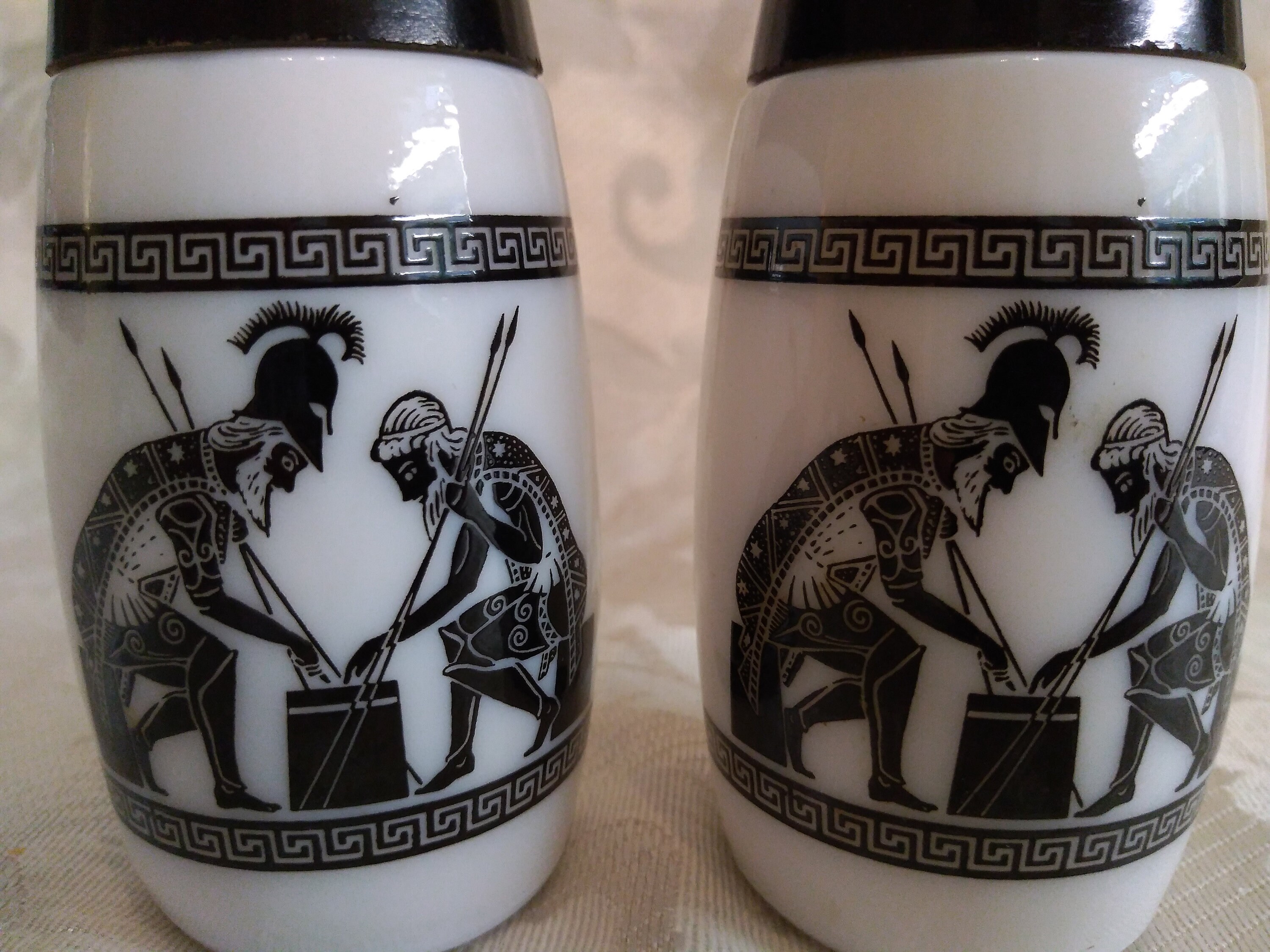 Vintage Greek Style, Grecian Look Salt and Pepper Shakers on White Milk ...