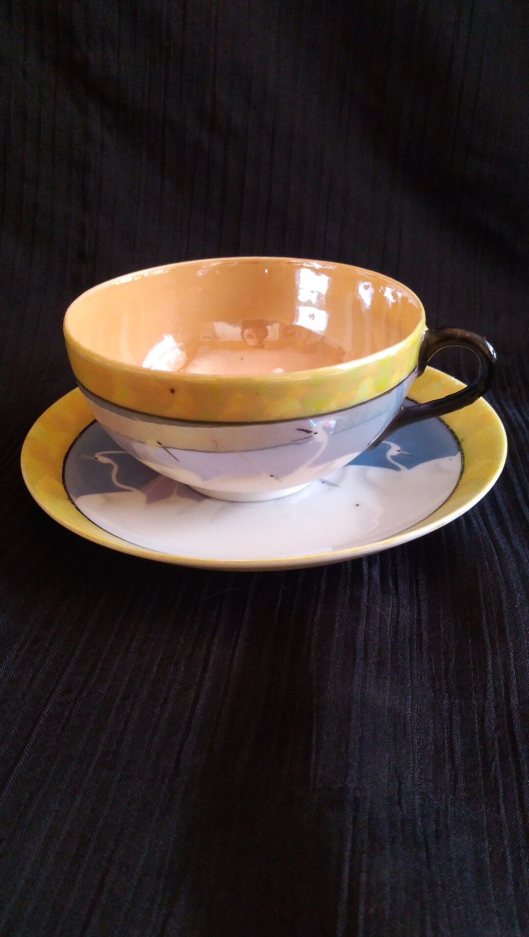 Vintage Lusterware Teacup With Saucer, Blue and Yellow With White Birds ...