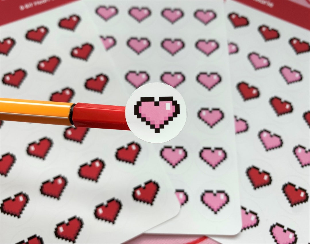 8-bit Heart Circle Sticker Sheet Pixel Heart Stickers - Etsy