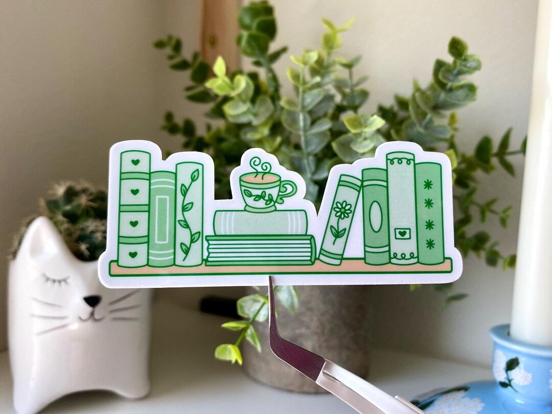 Green Bookshelf Vinyl Sticker | Tea and Books Kindle Sticker - Etsy