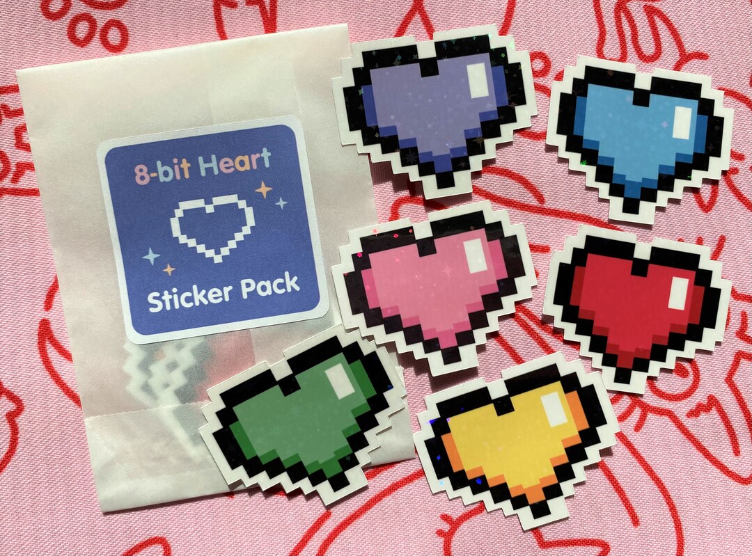 Colorful 8-bit Heart Sticker Pack - Pixel Heart Stickers - Heart ...