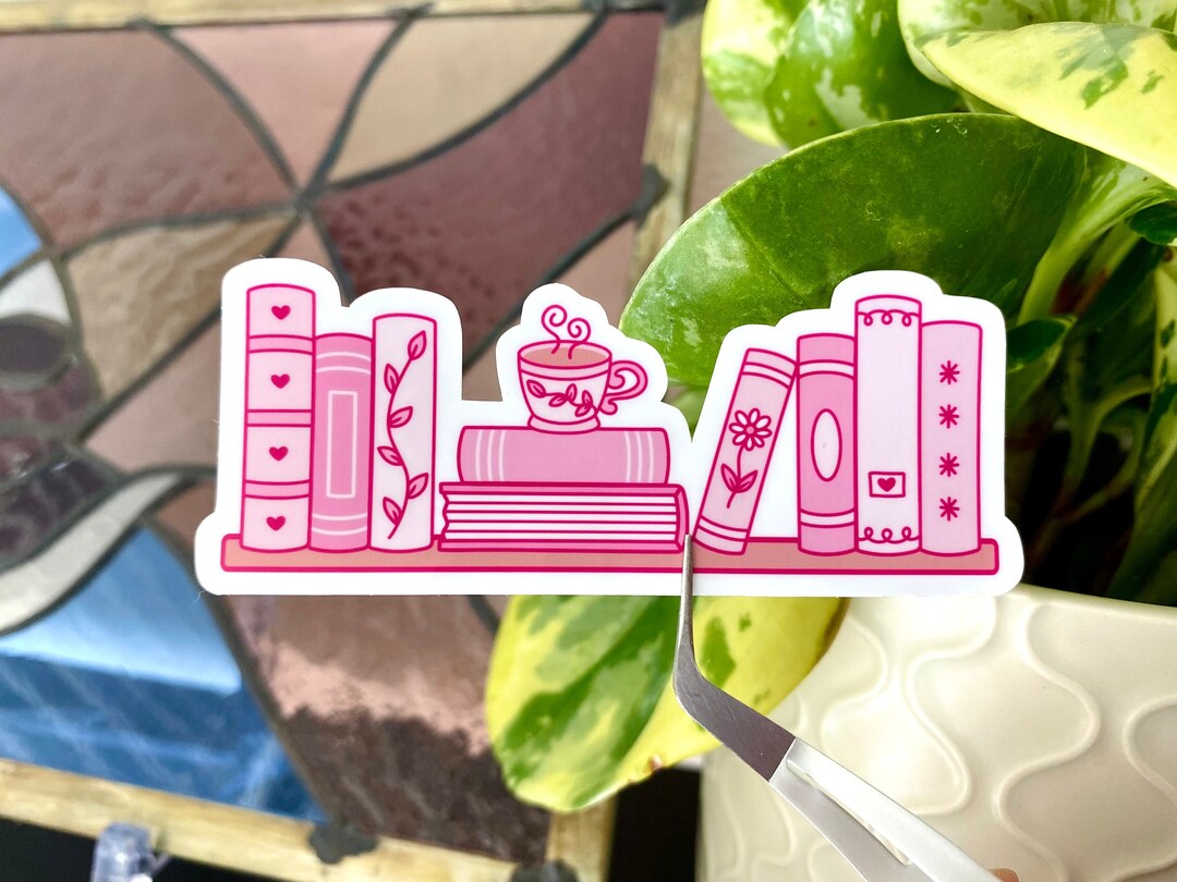 Pink Bookshelf Vinyl Sticker | Tea and Books Kindle Sticker - Etsy