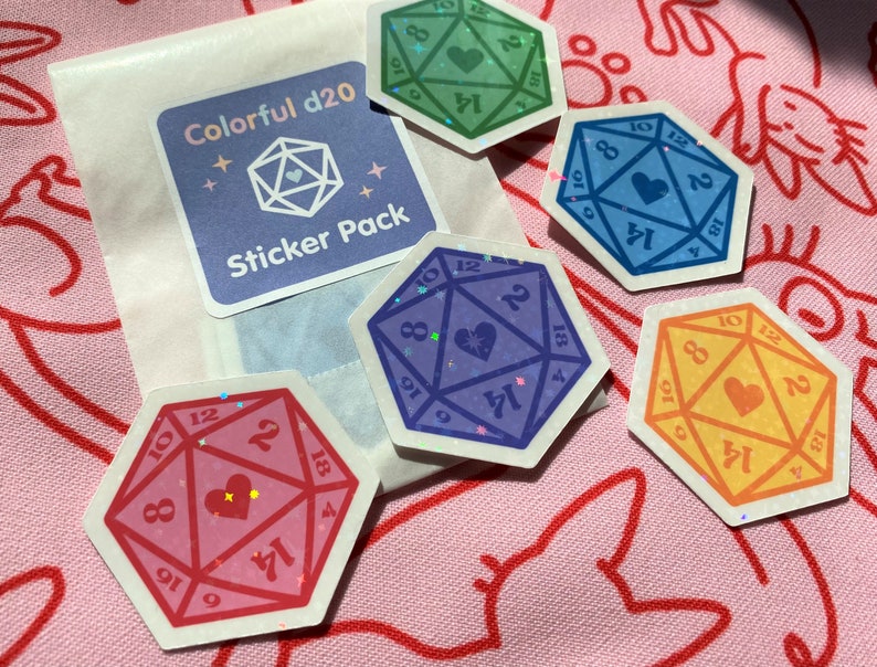 Colorful D20 Sticker Pack Heart Dice Stickers Dungeons and - Etsy