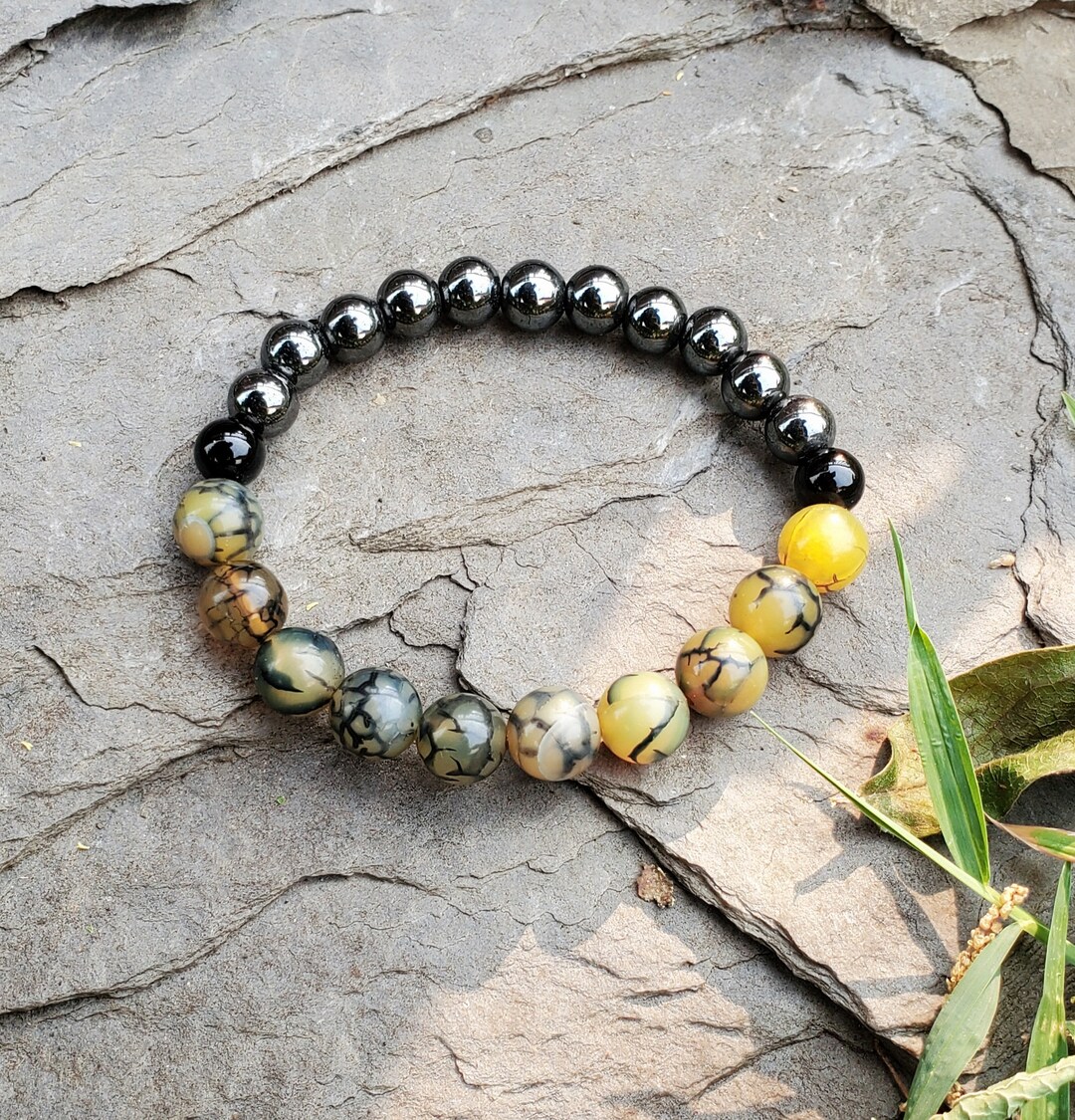 Mens Gemstone Bracelet for Large Wrists , Dragon Vein Agate, Black Onyx ...