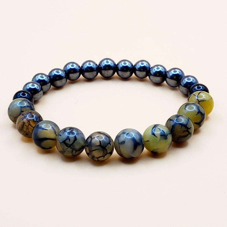 Mens Gemstone Bracelet for Large Wrists , Dragon Vein Agate, Black Onyx ...