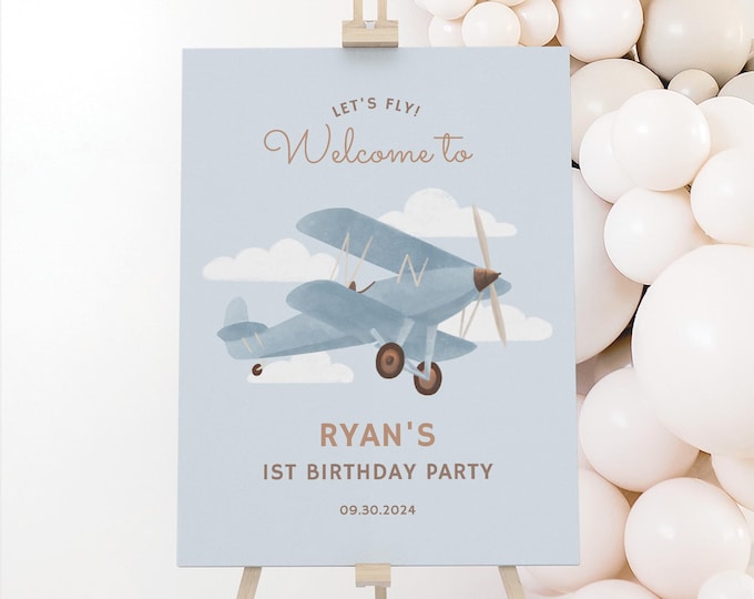 Editable Airplane Birthday Party Welcome Sign, Printable Vintage Travel ...