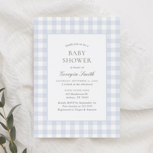Blue Gingham Baby Shower Invitation, Editable Classic Gingham Boy Baby ...
