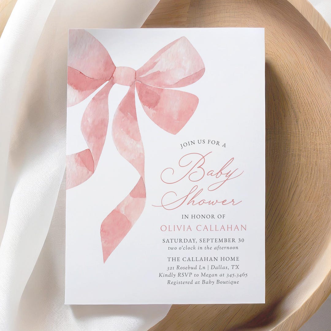 Pink Bow Girl Baby Shower Invitation Template, Watercolor Pink Ribbon ...