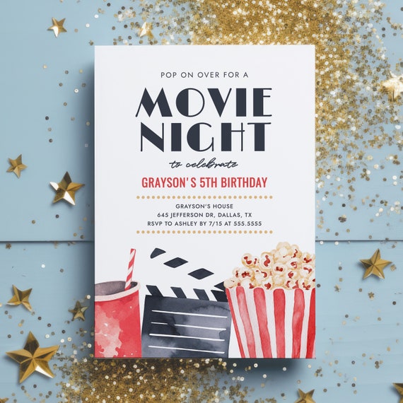 Movie Birthday Party Invitation Template Editable Movie Night Birthday
