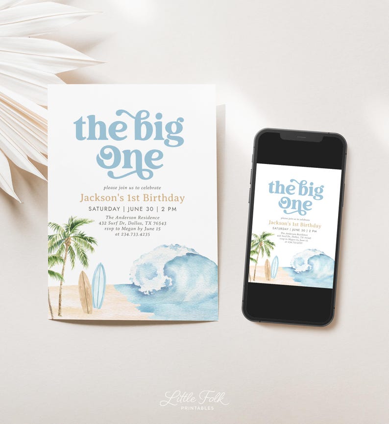 The Big One Surf Birthday Invitation, Editable Surfboard Birthday ...