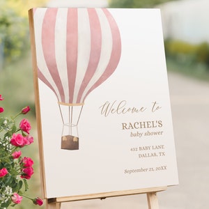 Pink Hot Air Balloon Baby Shower Welcome Sign, Girl Baby Shower Welcome ...
