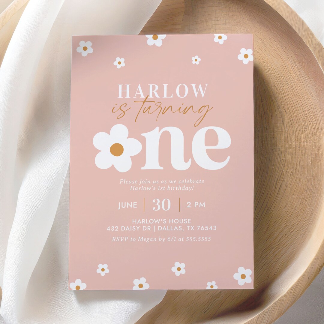 Boho Daisy 1st Birthday Invitation, Pink Daisy Floral Girl First ...