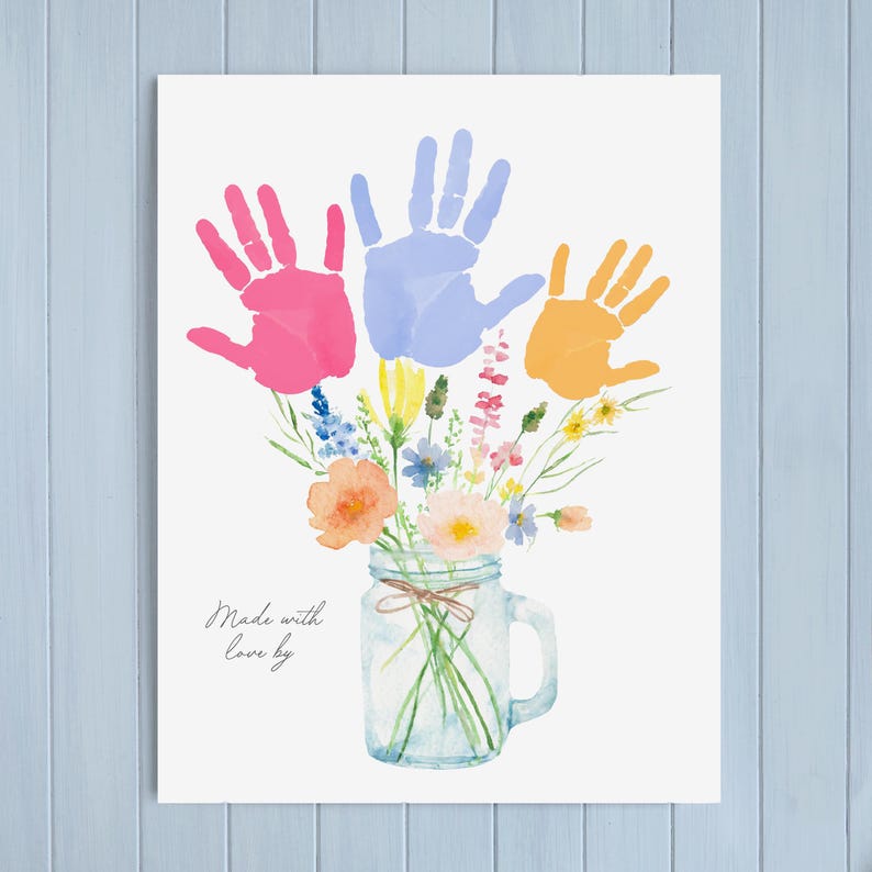Mother's Day Flower Handprint Art Printable, Pastel Bouquet Hand Print ...