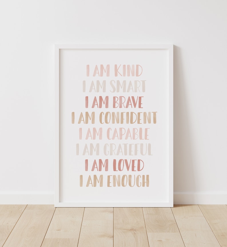 Affirmations Wall Art, Girls Room Decor, I Am Kind Smart Loved, Neutral ...