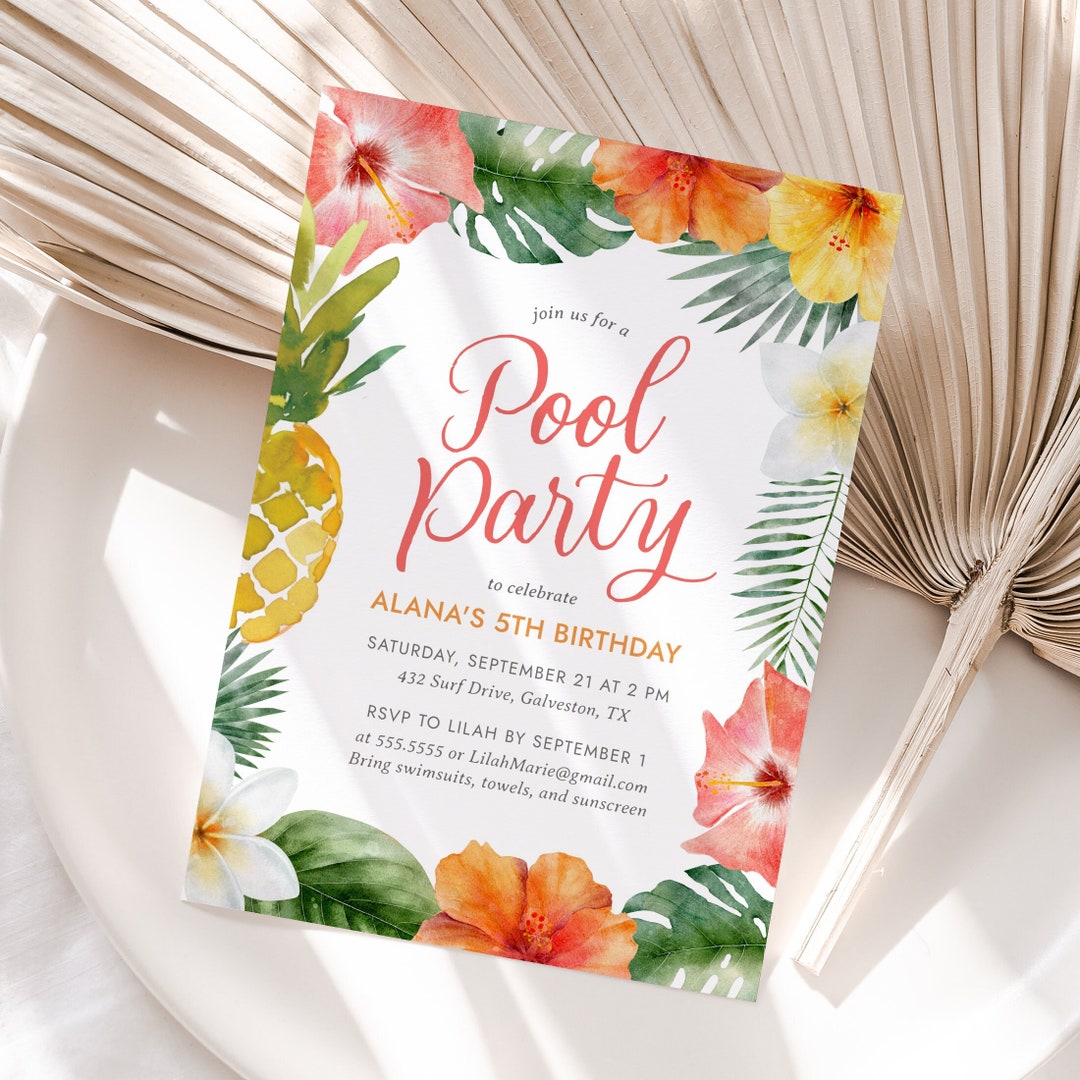 Tropical Pool Party Birthday Invitation Template, Luau Pool Party ...