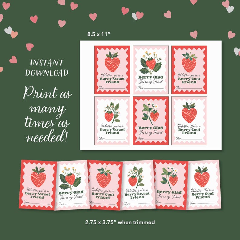 Printable Strawberry Valentine's Day Cards, Girls Berry Sweet Valentine ...