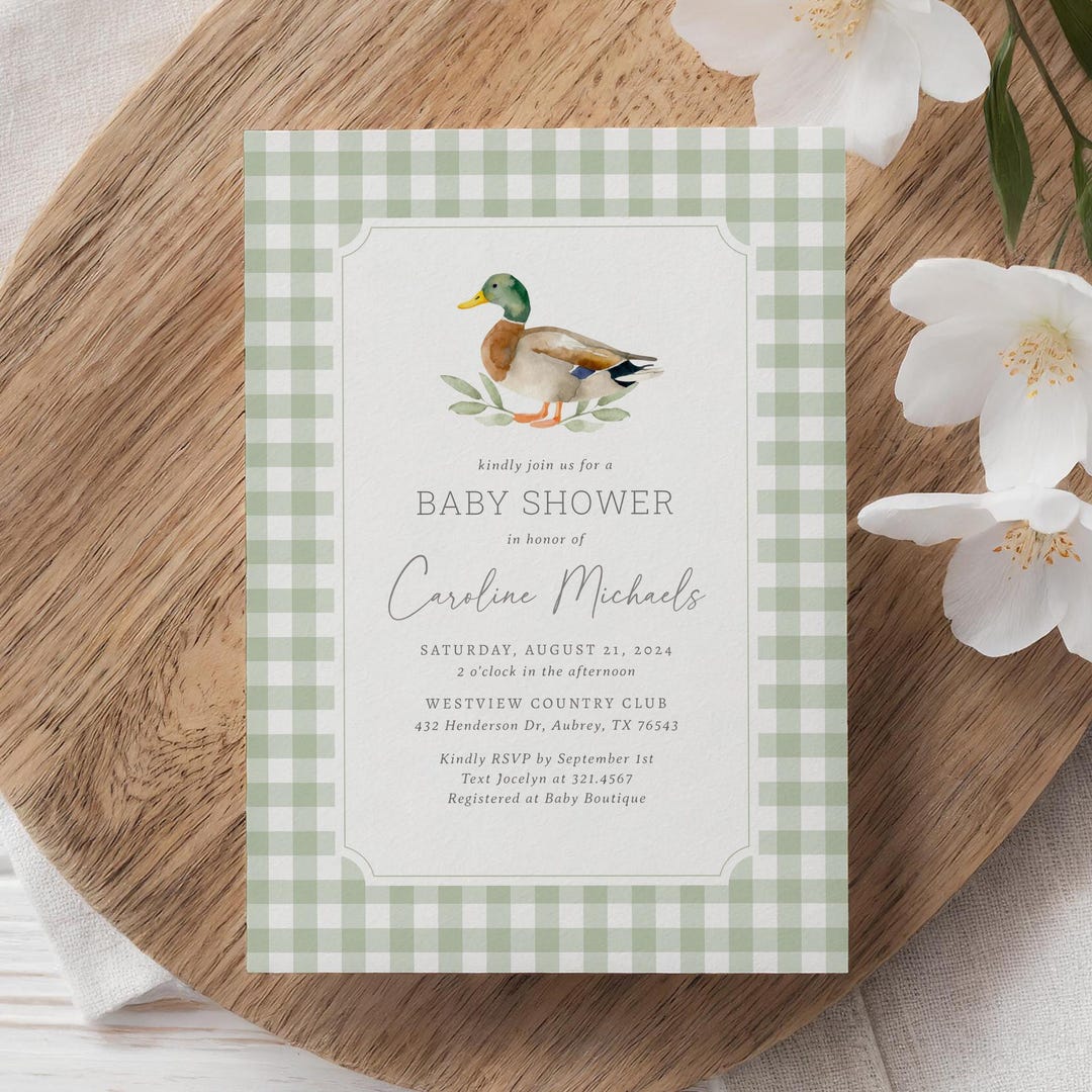 Duck Baby Shower Invitation, Sage Green Gingham Mallard Duck Baby ...