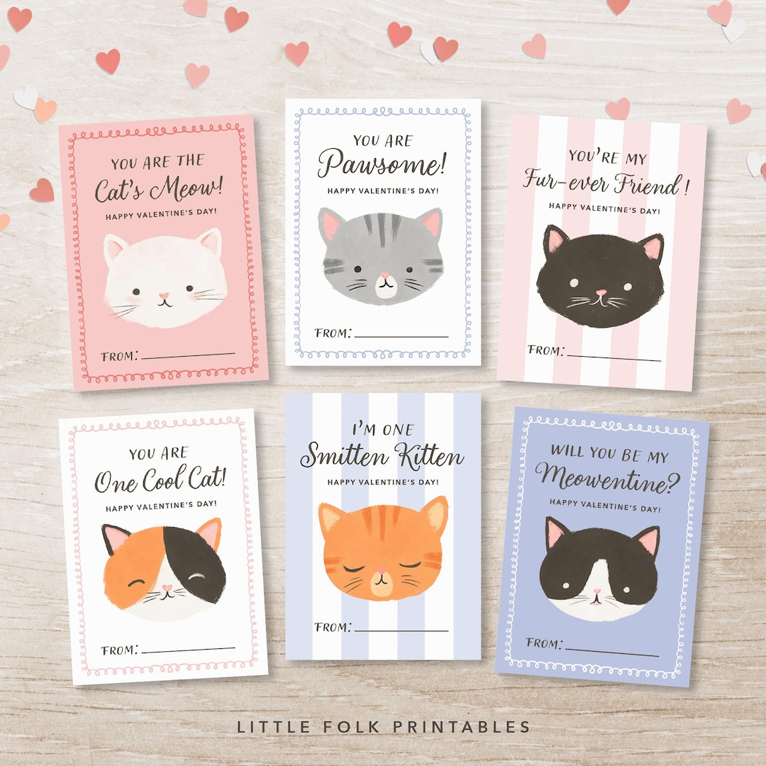 Printable Kitten Valentine's Day Cards, Cat Valentine Tags, Kids ...