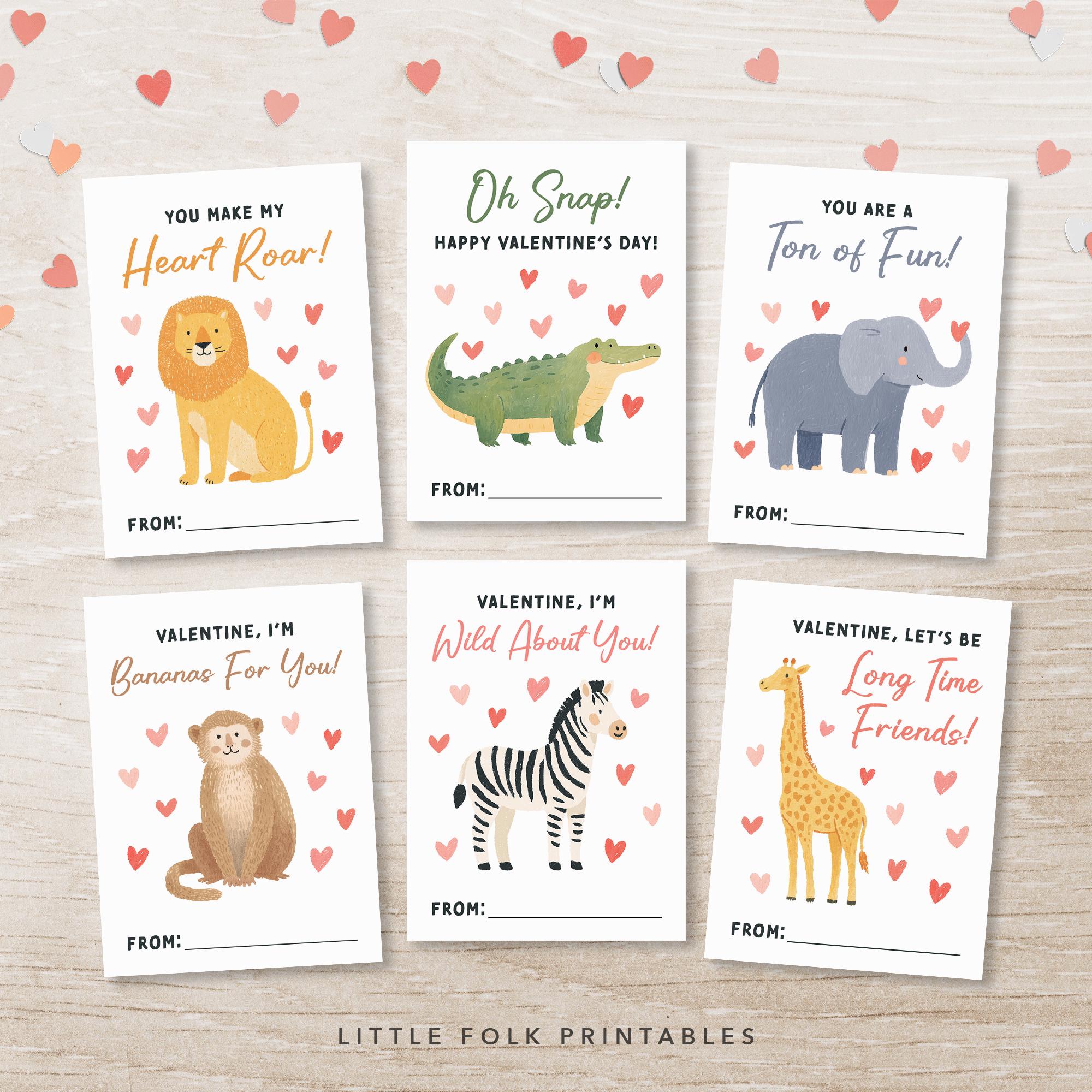 Printable Safari Animals Valentine's Day Cards, Kids Jungle Class ...