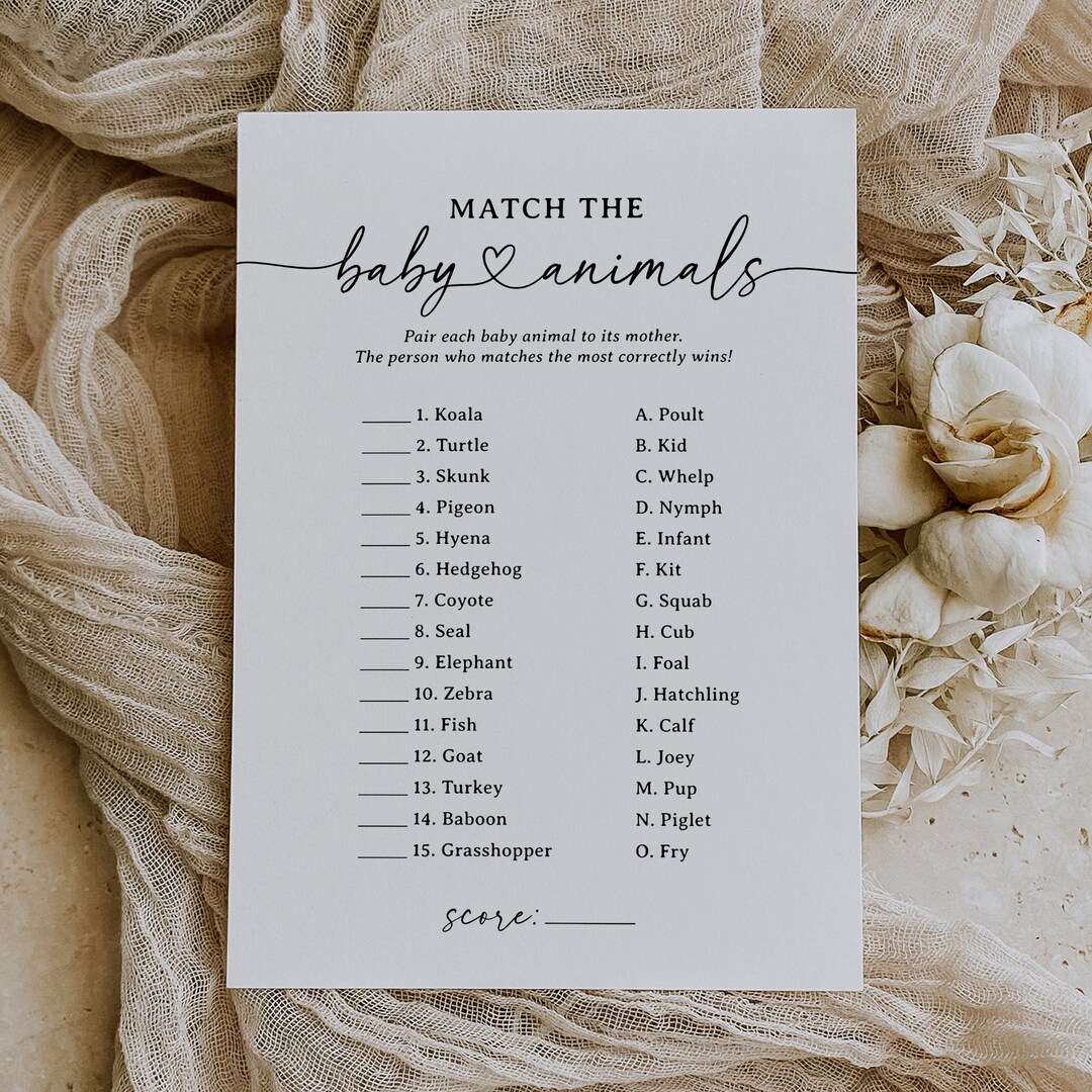 Baby Animal Matching Baby Shower Game, Modern Minimalist Match the Baby ...