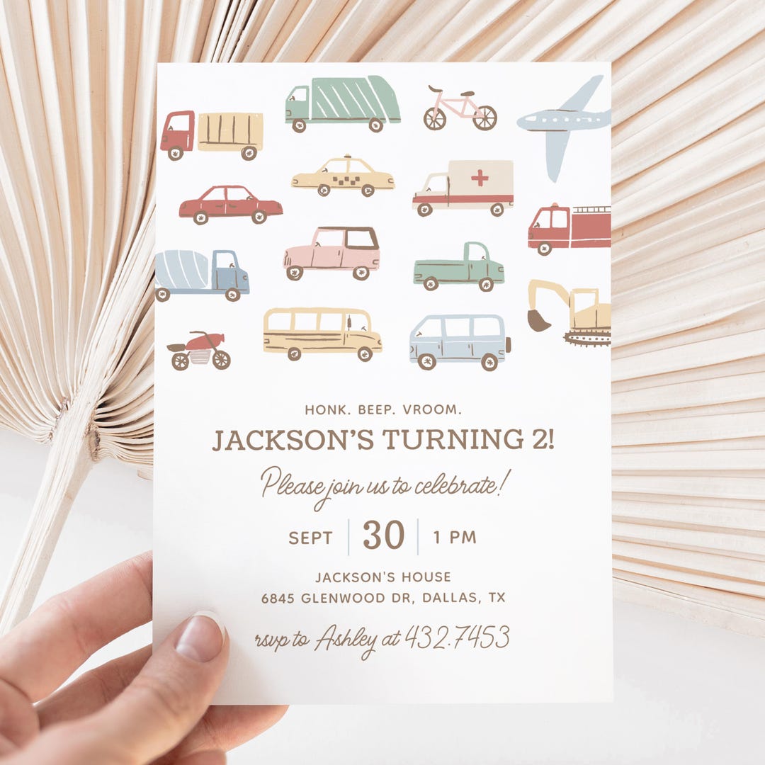 Transportation Birthday Invitation Template, Editable Cars and Trucks ...