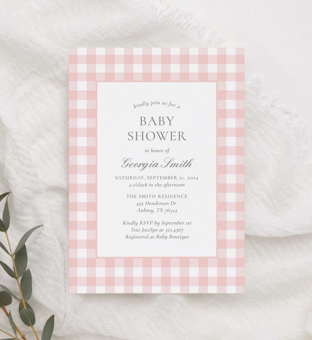 Pink Gingham Baby Shower Invitation, Editable Classic Gingham Girl Baby ...