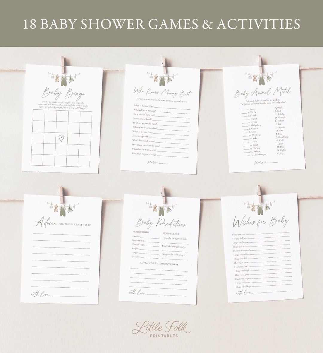 Boho Baby Clothes Baby Shower Games Bundle, Sage Green Clothesline Baby ...