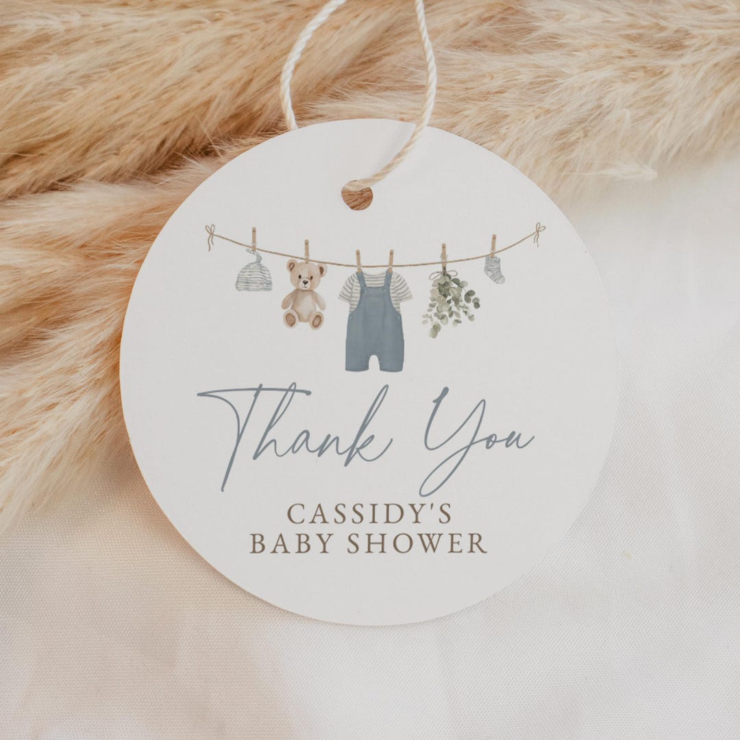 Dusty Blue Clothesline Boy Baby Shower Round Favor Tag Template ...