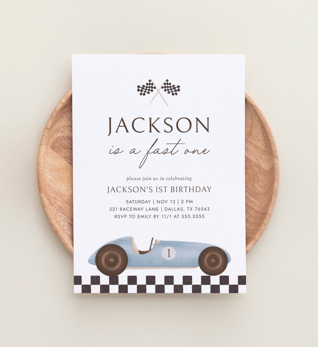 Blue Race Car 1st Birthday Invitation, Fast One Boy Birthday Party ...